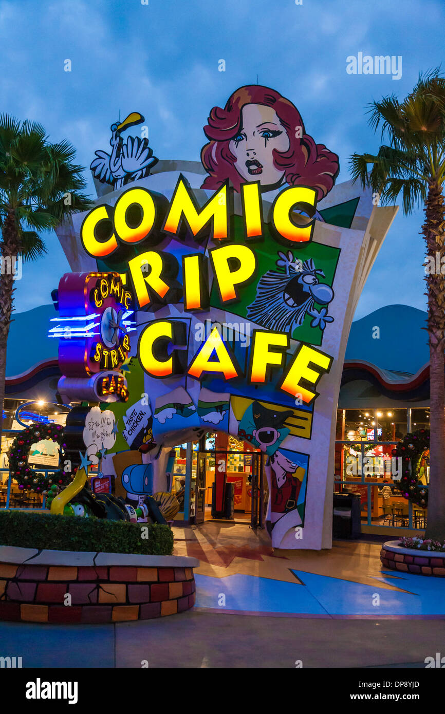 Leuchtende Neon-Leuchtreklame des Comic-Strip Cafe in Toon Lagune bei ...