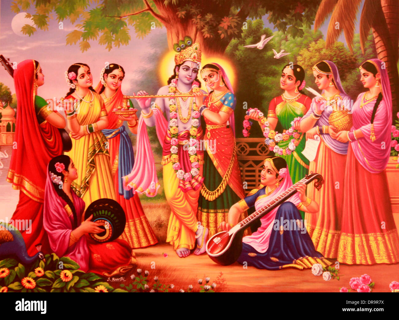 Gott Krishna Mit Radha Antikes Indisches Kalighat Gemälde Von