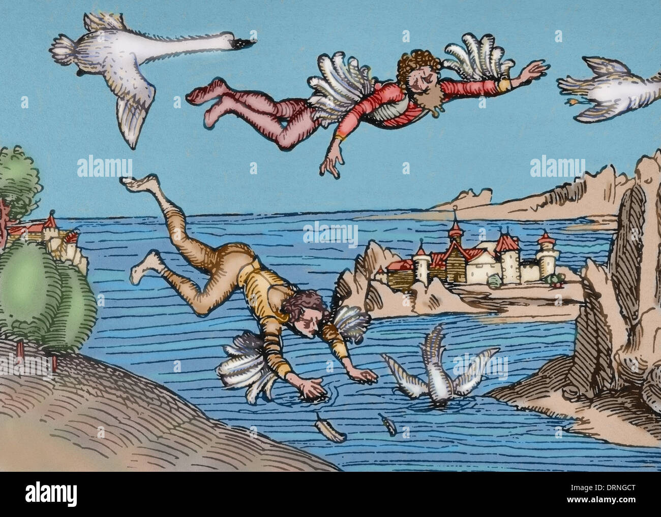 Ikarus und sein Vater Dädalus fliegen. Kupferstich von Albrecht Dürer ...