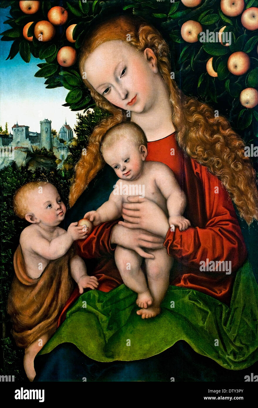 Maria mit dem Kind und das Kind Johannes der Täufer unter dem Apfelbaum ...