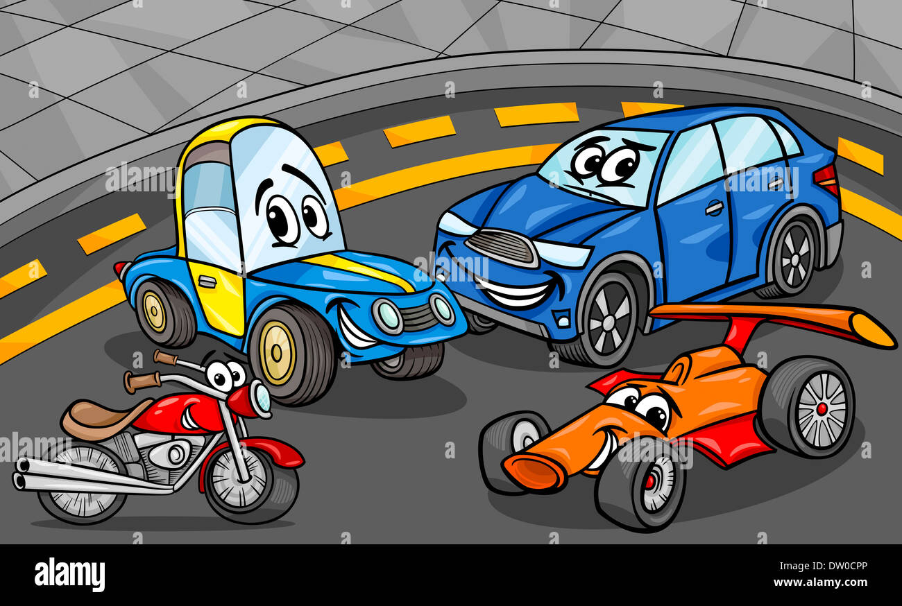 Cartoon-Illustration von lustigen Autos und Fahrzeuge Comic Characters ...