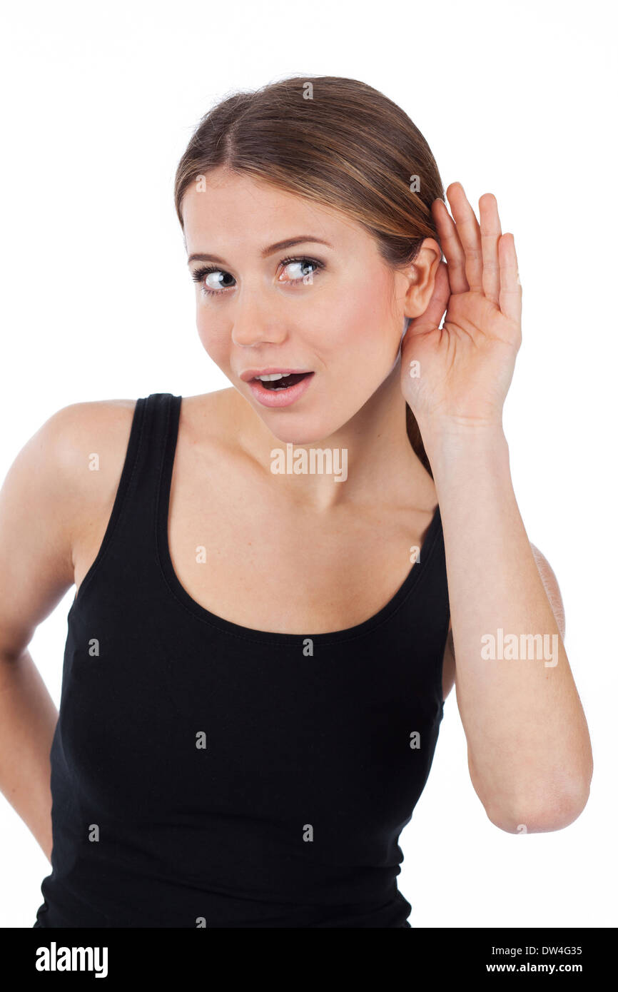 Frau neugierig versuchen zu hören, etwas isoliert auf weiss ...