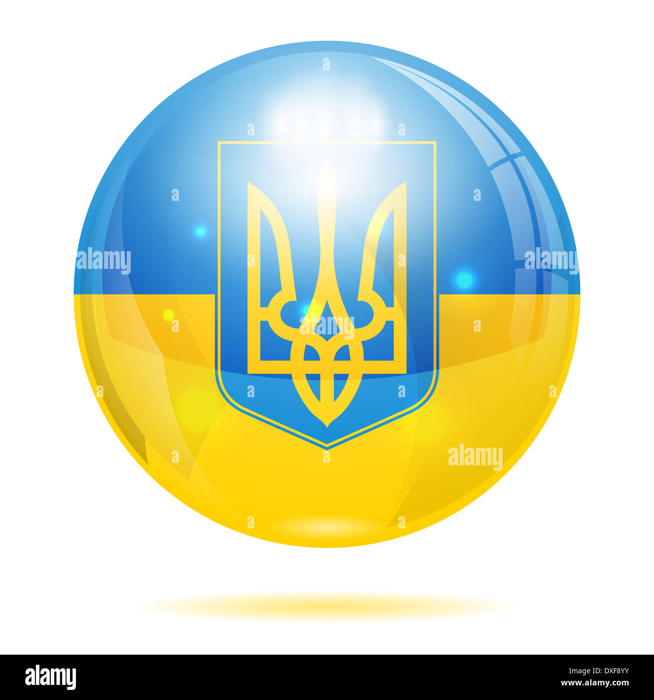 Flagge und Wappen der Ukraine über die Glaskugel, isoliert auf weißem ...