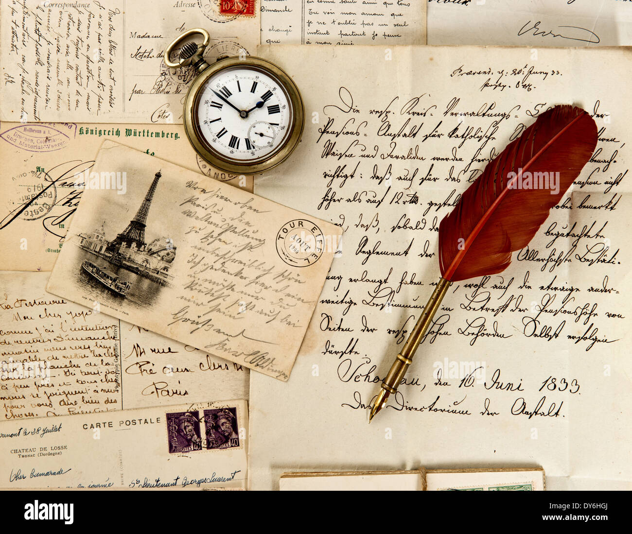 Alter Brief und Postkarten mit Feder Feder und Wachs-Siegel. Vintage ...