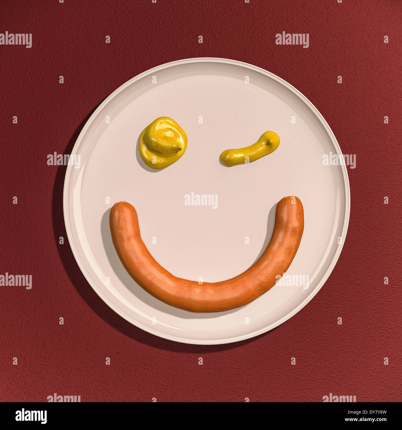 Wurst und Senf, winking Smiley-Gesicht auf einem Teller Tropfen ...