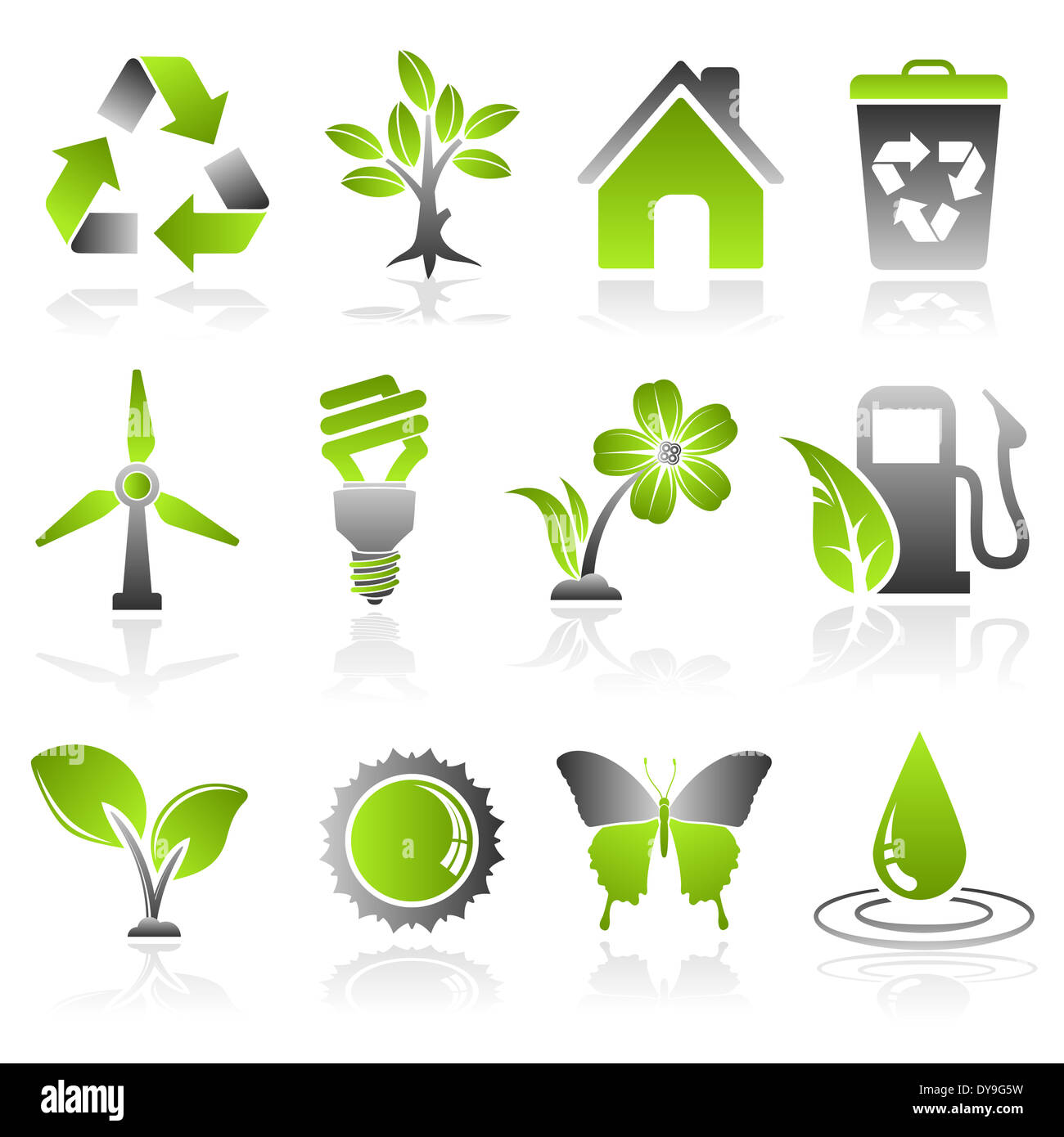 Umwelt-Symbol mit Baum, Blatt, Glühbirne, Recycling-Symbol, isoliert ...