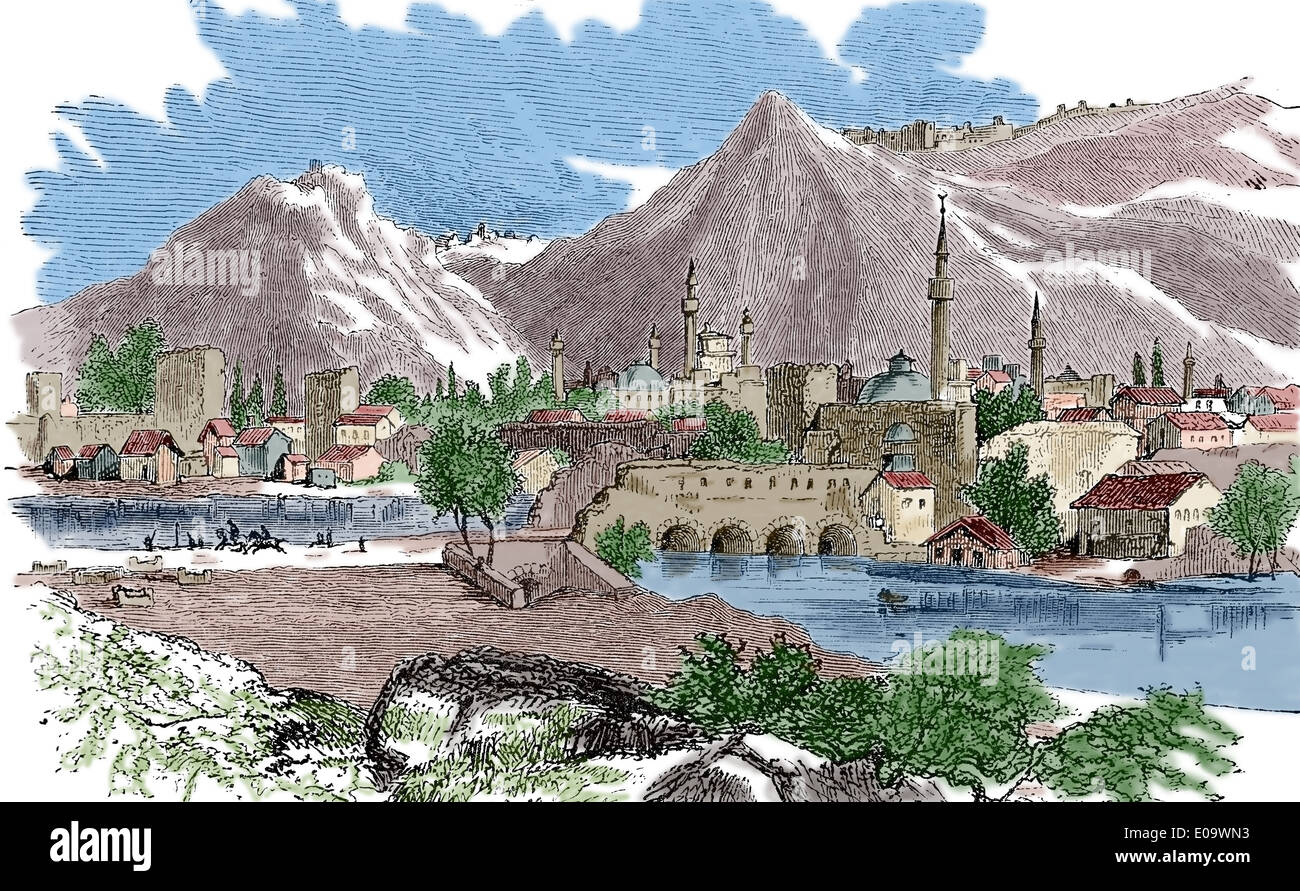 Antiken Syrien. Antiochia am Orontes. Gravur. Spätere Färbung. Heute ...