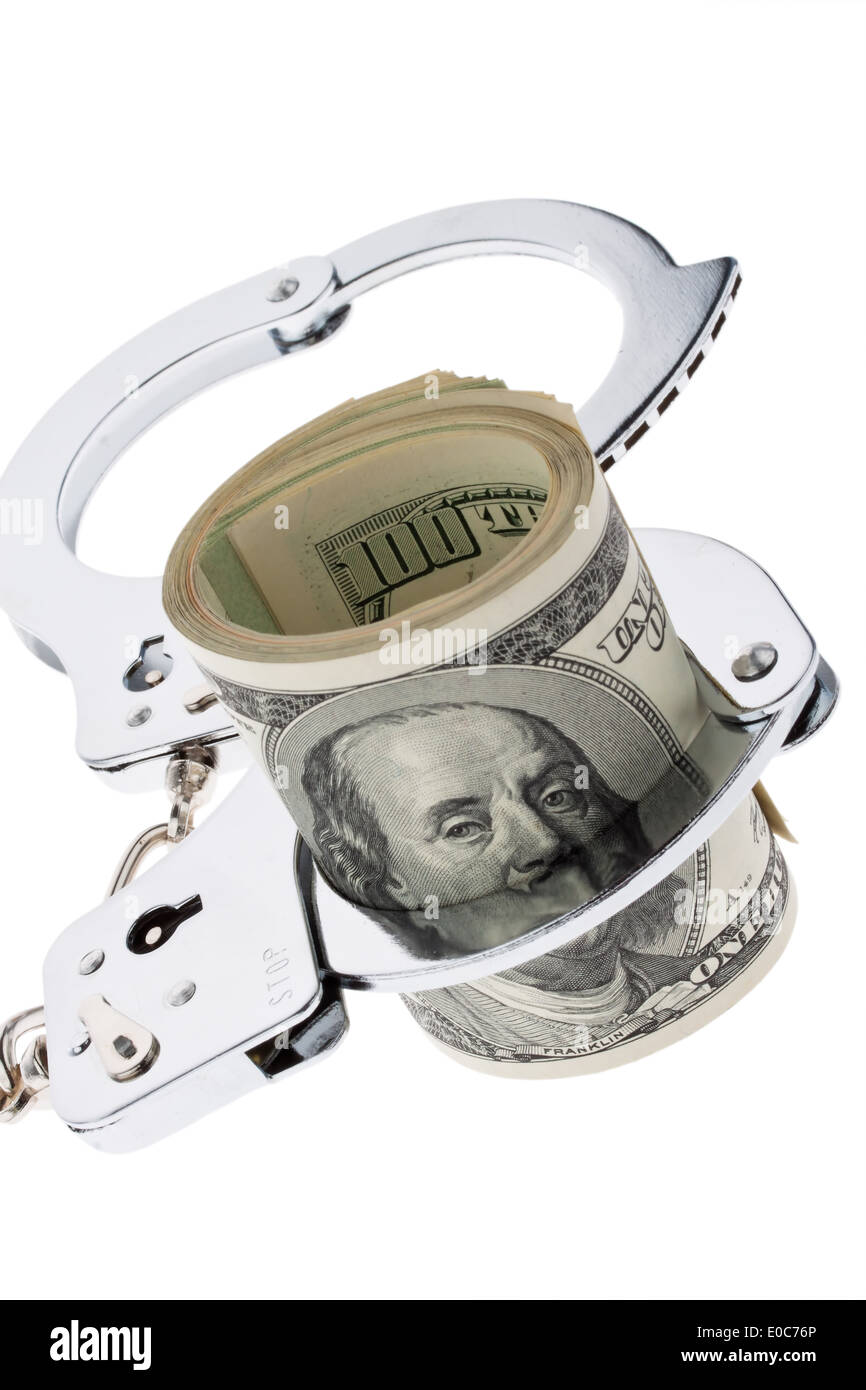 Eine Menge von Dollar von Banknoten mit Handschellen, Viele Dollar ...