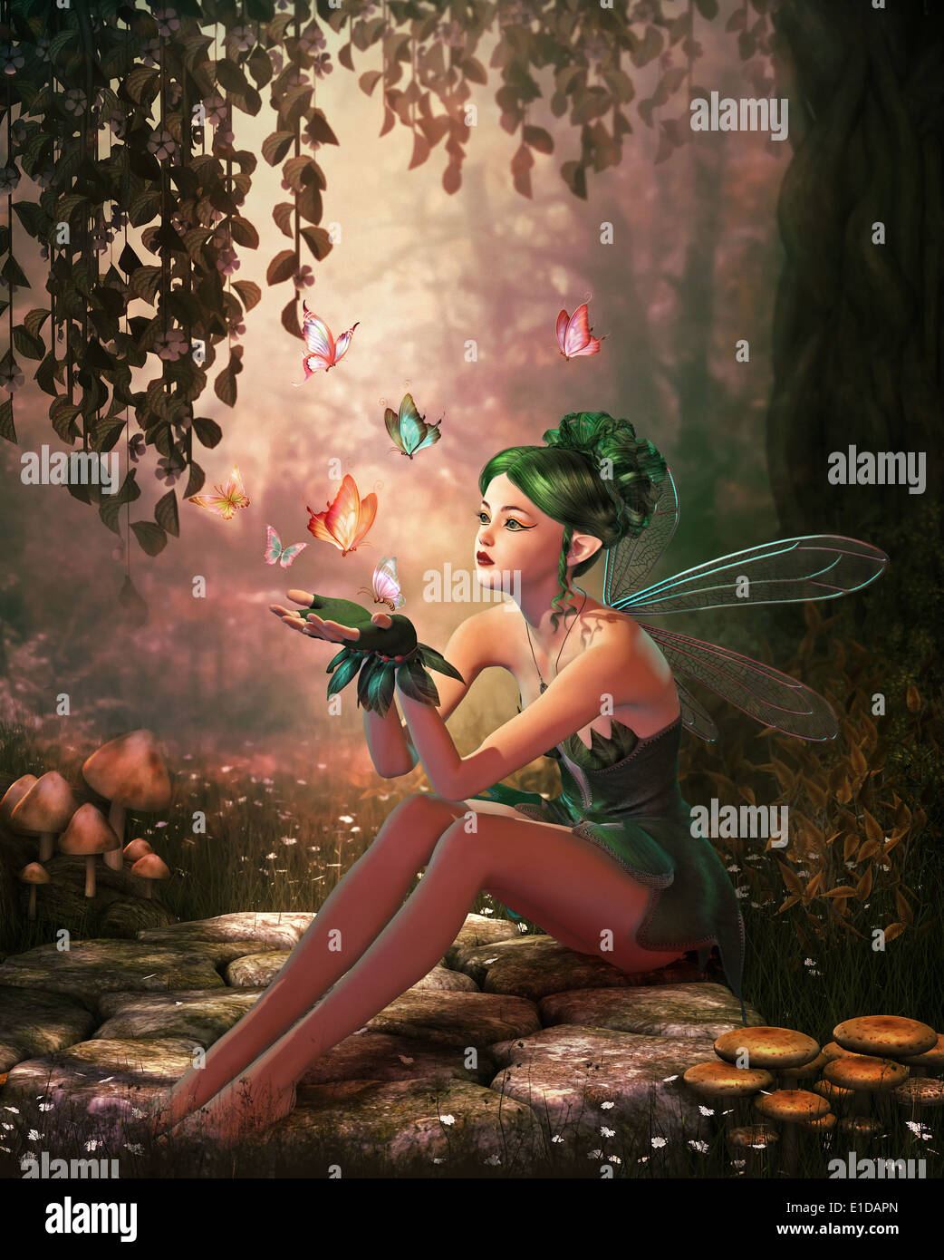 3D Computergrafik eine Fee und fliegende Schmetterlinge Stockfotografie - Alamy