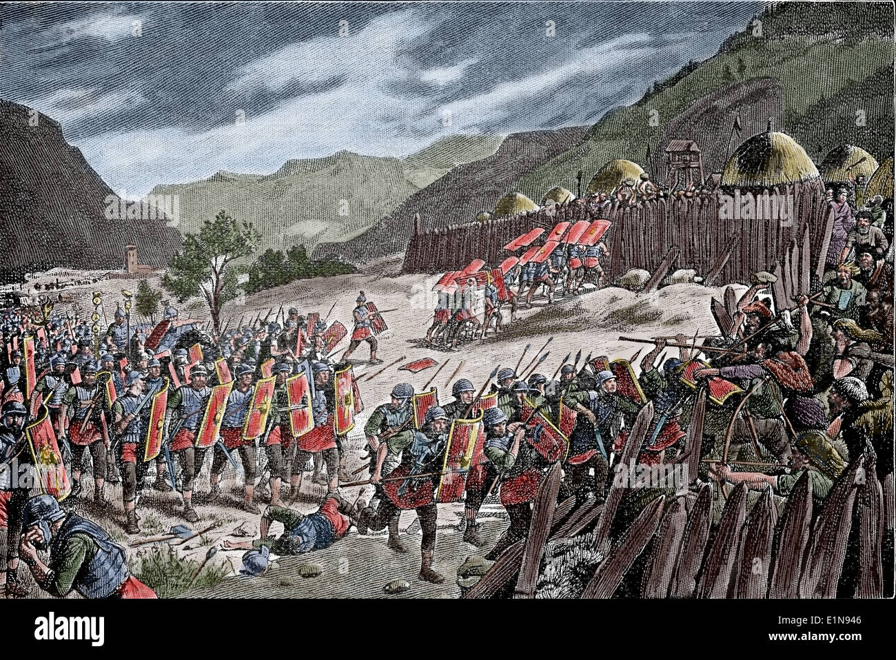 Eroberung. Römische Soldaten in das deutsche Lager einzubrechen. Gravur ... Eroberung. Römische Soldaten in das deutsche Lager einzubrechen. Gravur ...