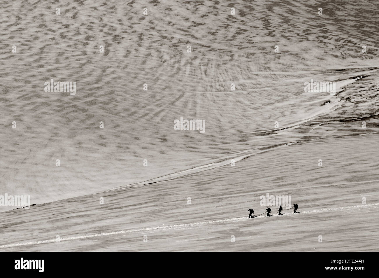 Eine Seilschaft Gruppe von Bergsteigern, die über einen Gletscher hoch ...