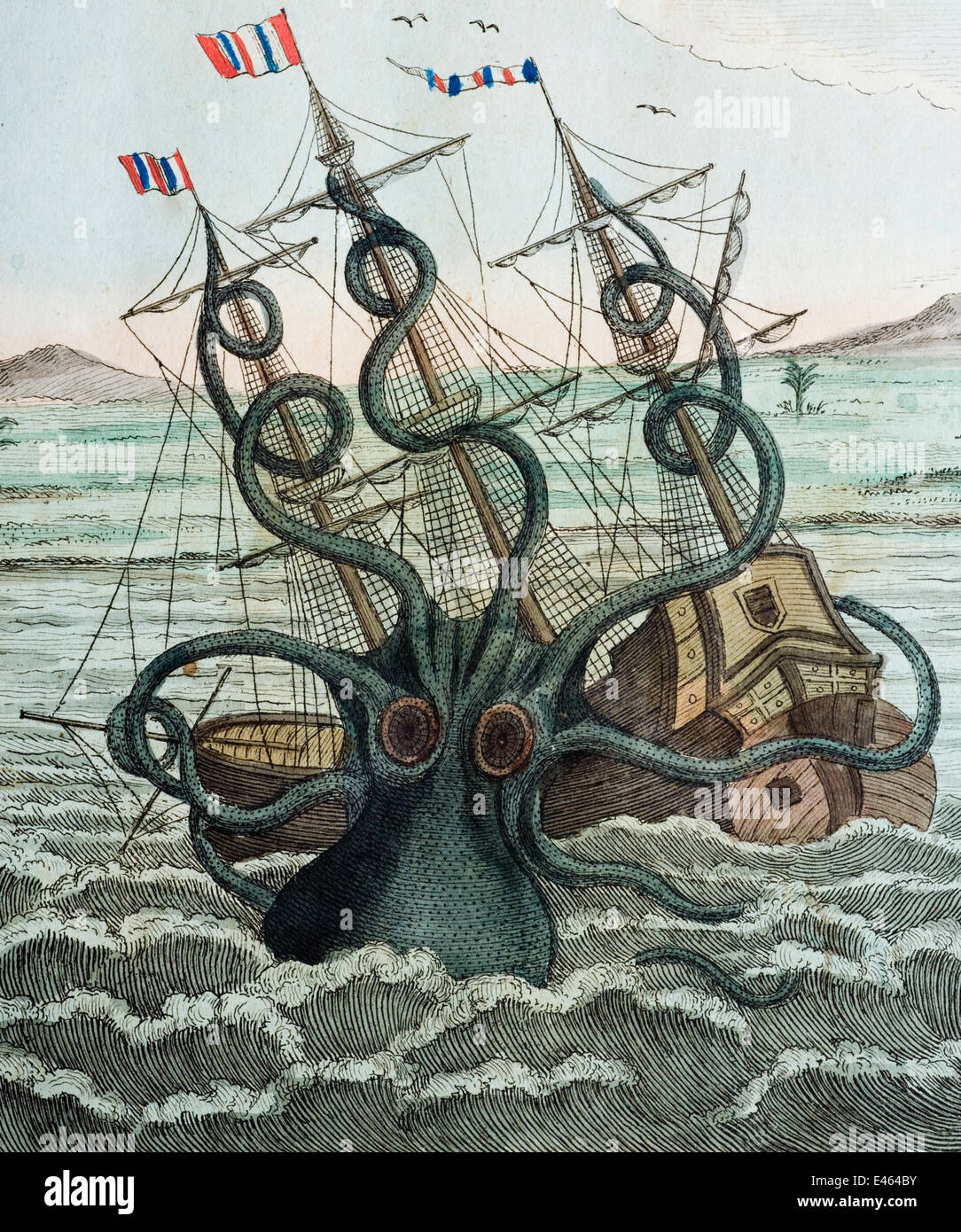 Illustration der Giant Octopus (Krake Dofleini) Angriff auf ein Schiff ...