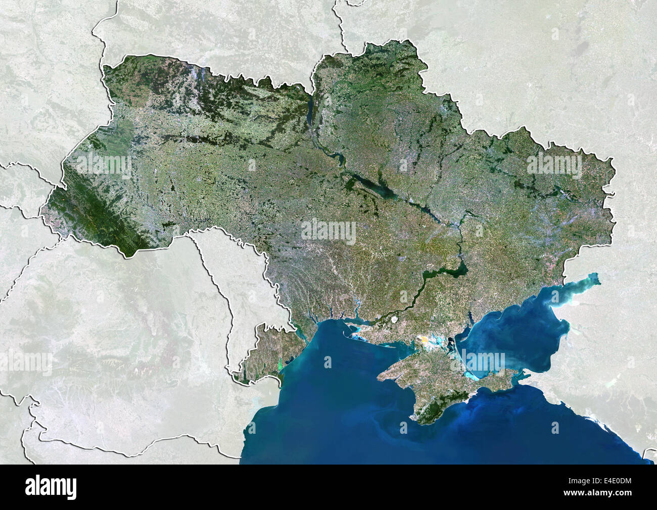 Ukraine, Echtfarben-Satellitenbild mit Rand und Maske Stockfotografie ...