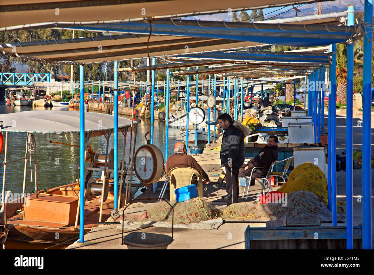 Auf dem Fischmarkt von Nea Kios Stadt in der Nähe von Nafplion und ...