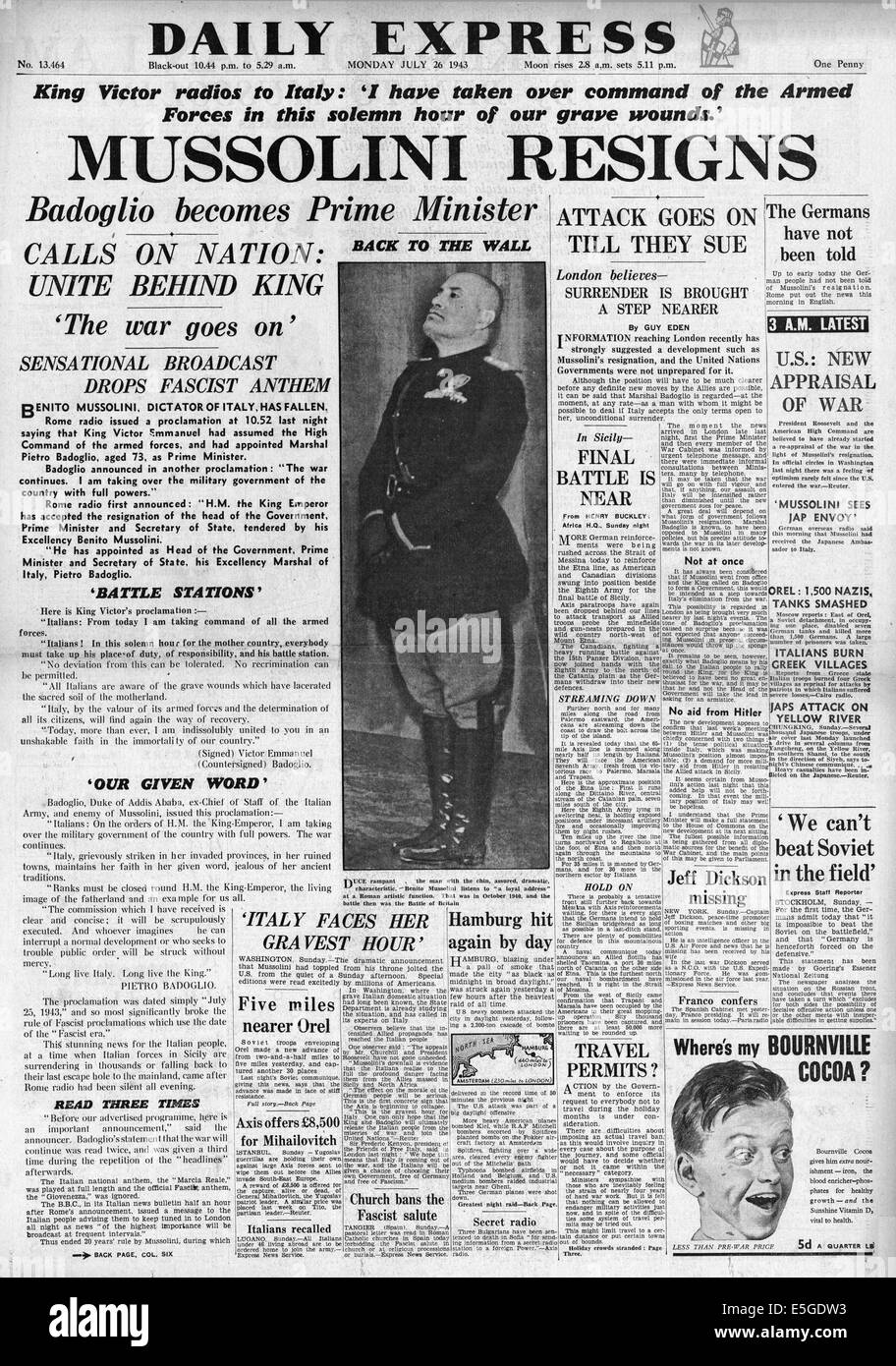 1943 daily Express Titelseite berichtet Mussolini tritt zurück und ...