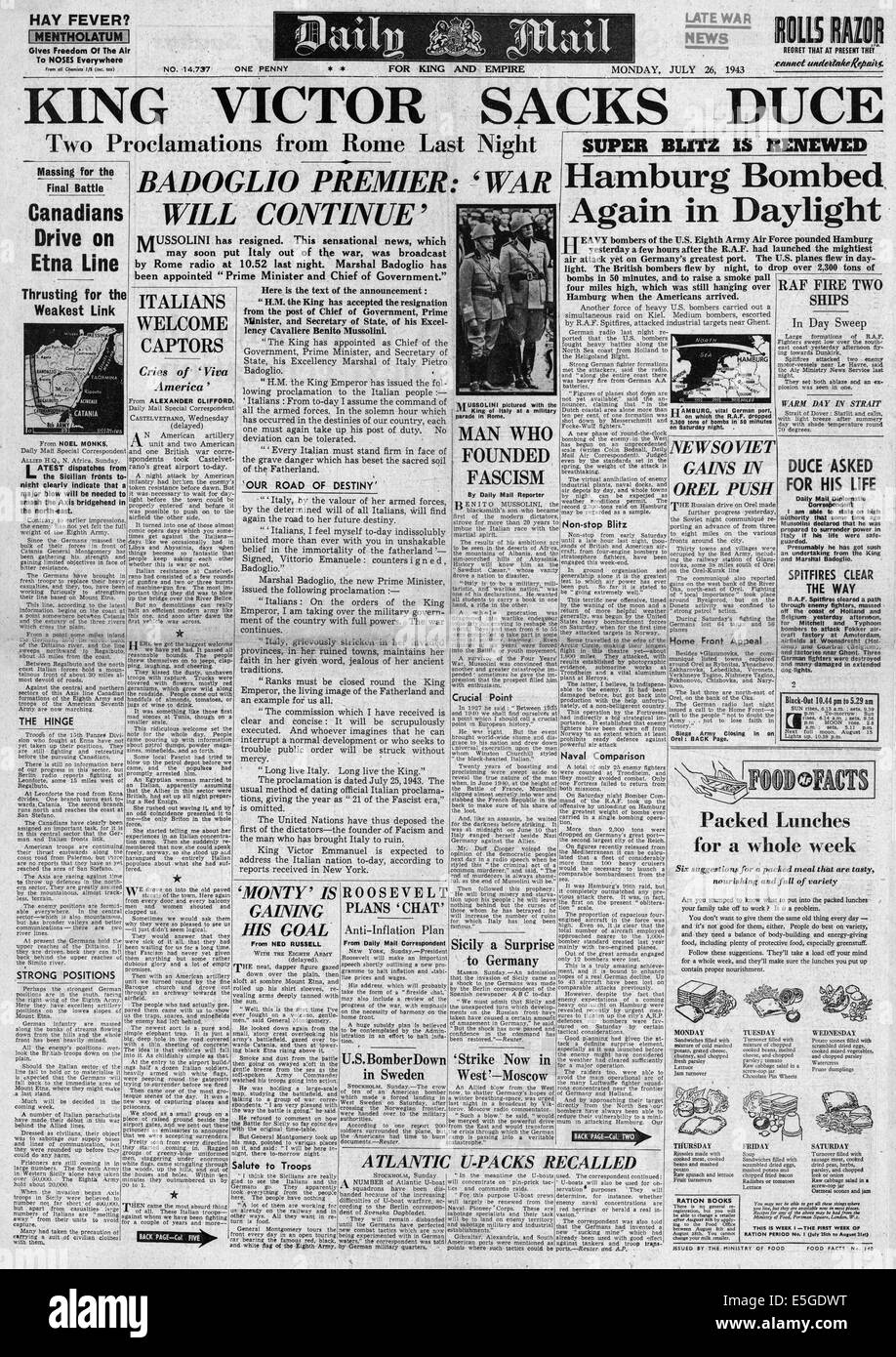 1943 Tagespost Titelseite berichtet Mussolini tritt zurück und ...