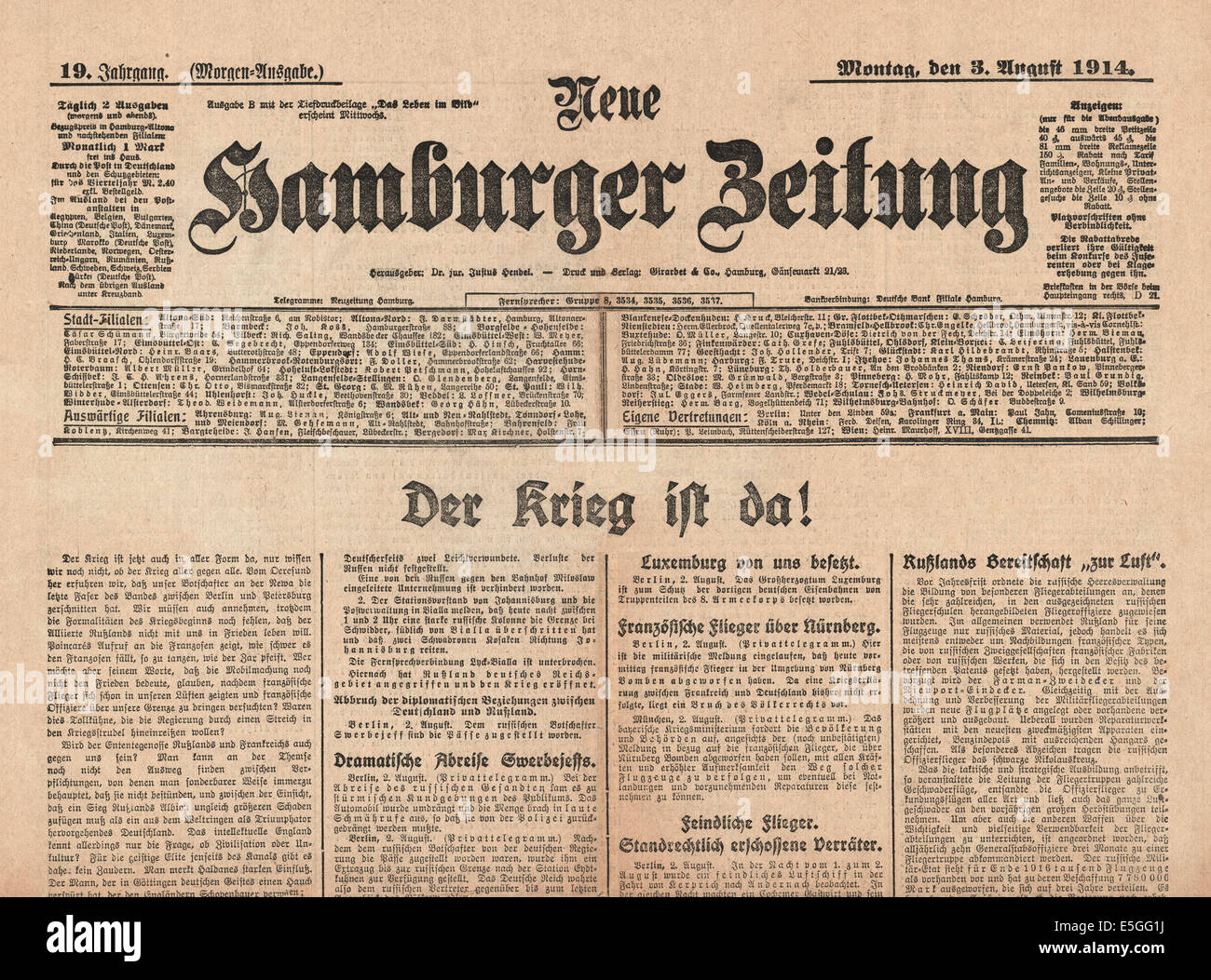 1914 Neue Hamburger Zeitung Titelseite Berichterstattung 1914 Neue Hamburger Zeitung Titelseite Berichterstattung
