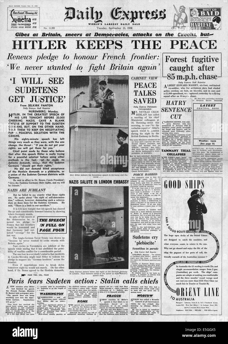 1938 daily Express Titelseite berichtet Adolf Hitlers Rede bietet eine ...