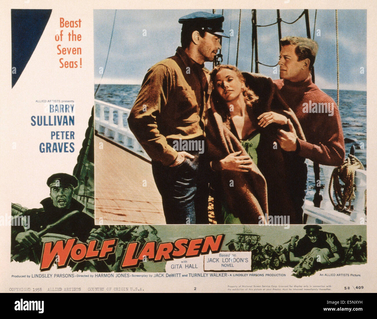 WOLF LARSEN, US Lobbycard, Barry Sullivan, Gita Hall, Peter Graves, 1958 Stockfotografie - Alamy
