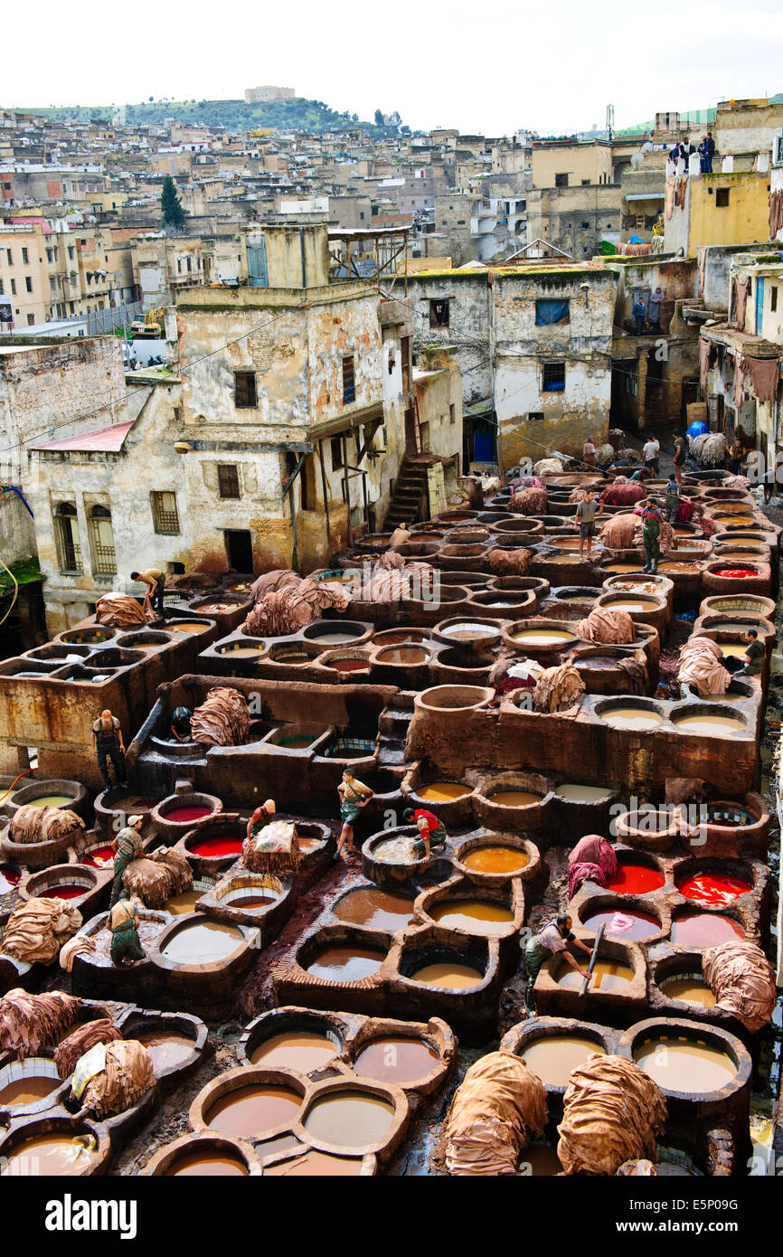 Fes, Leather District, sterben Gruben, Skins, Läden, die alle Arten von ...