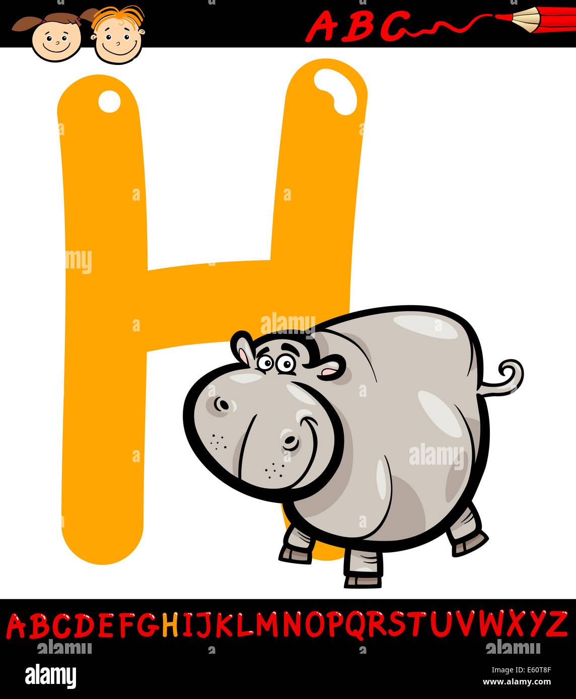 Cartoon Illustration der Großbuchstabe H von Alphabet mit Nilpferd oder ...