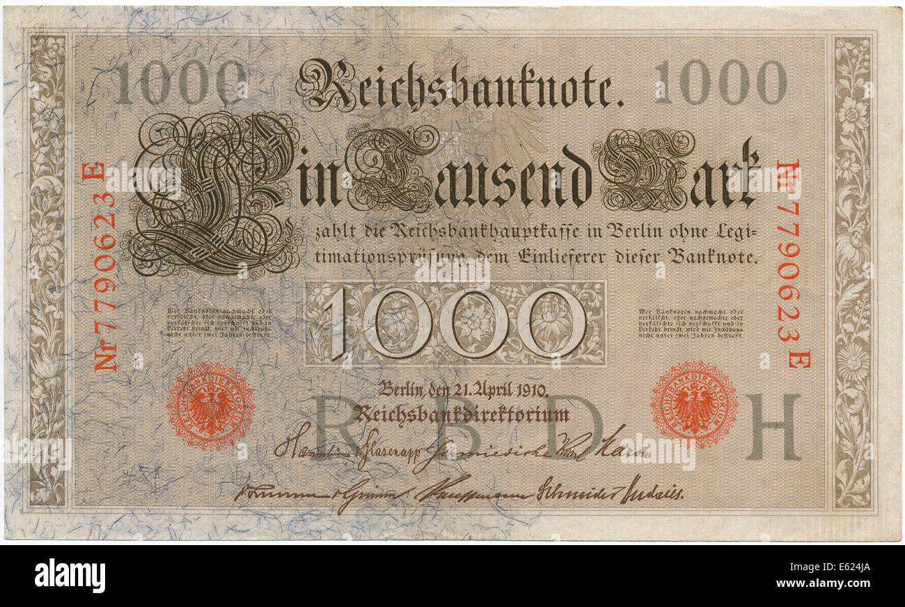 Alte Banknote, 1000 Mark, vorne, deutsche Reichsbanknote 1910 Stockfotografie - Alamy