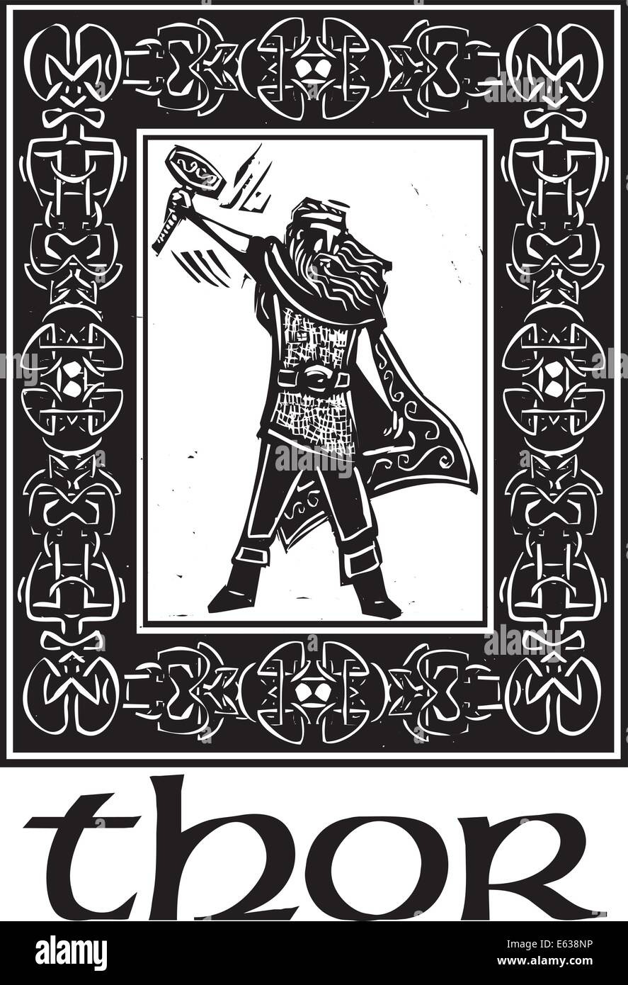 Holzschnitt Stil Bild der Wikinger Gott Thor in einer keltischen Grenze ...