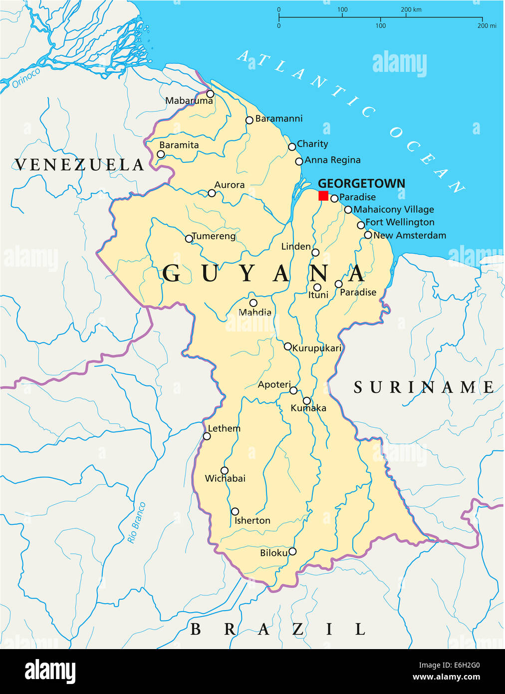 Guyana politische Karte mit Hauptstadt Georgetown, Landesgrenzen, die ...