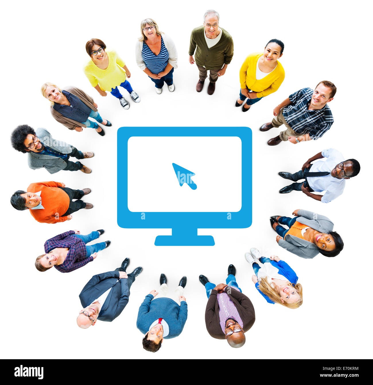 Luftbild von unterschiedlichen Menschen und Computer-Symbol ...