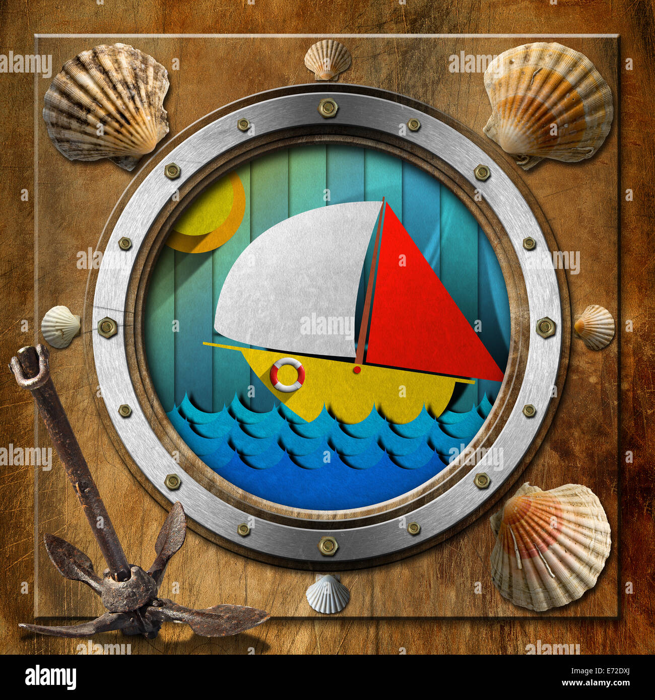 Metall Bullauge mit Segelboot Stockfotografie - Alamy