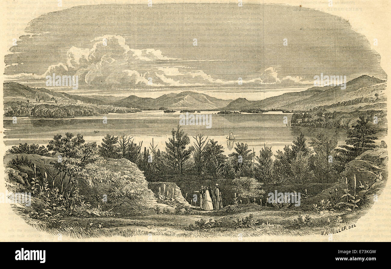 Antike 1854 Gravur, Lake George von der Spitze des Fort George Caldwell ...