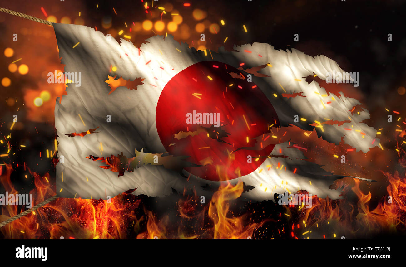 Japan, die brennenden Feuer Flagge Krieg Konflikt Night 3D ... Japan, die brennenden Feuer Flagge Krieg Konflikt Night 3D ...