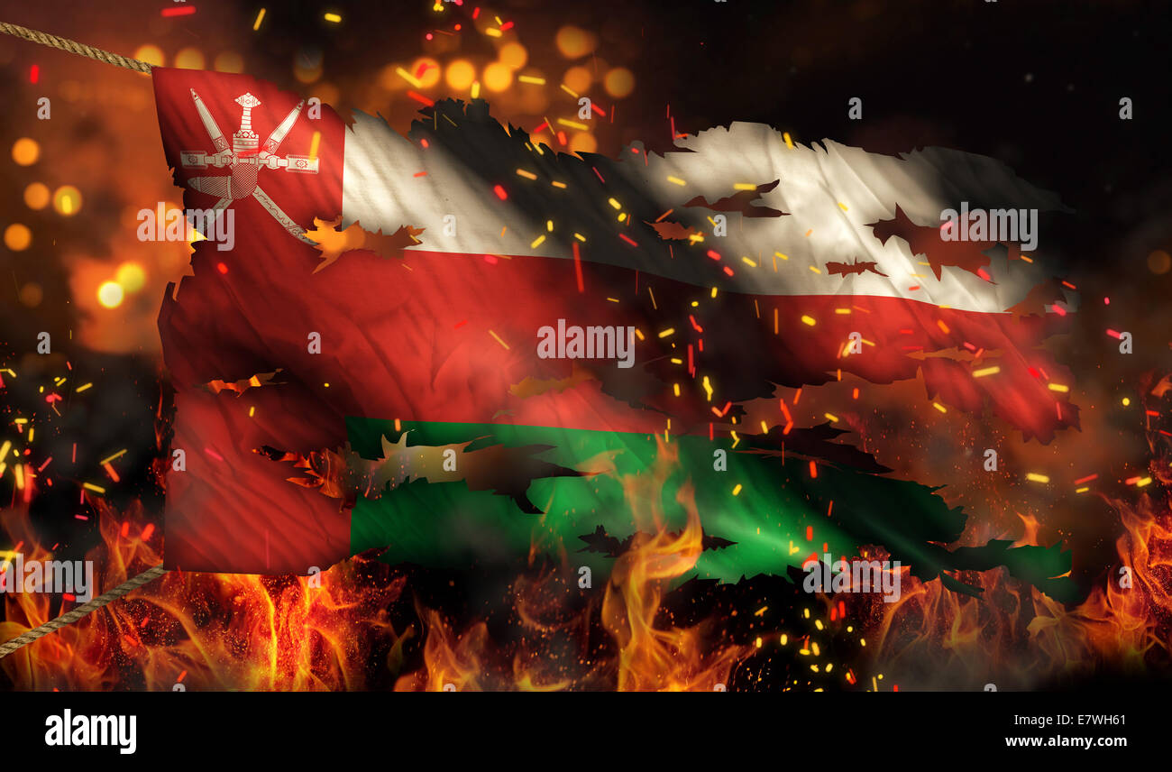Oman, die brennenden Feuer Flagge Krieg Konflikt Night 3D ... Oman, die brennenden Feuer Flagge Krieg Konflikt Night 3D ...