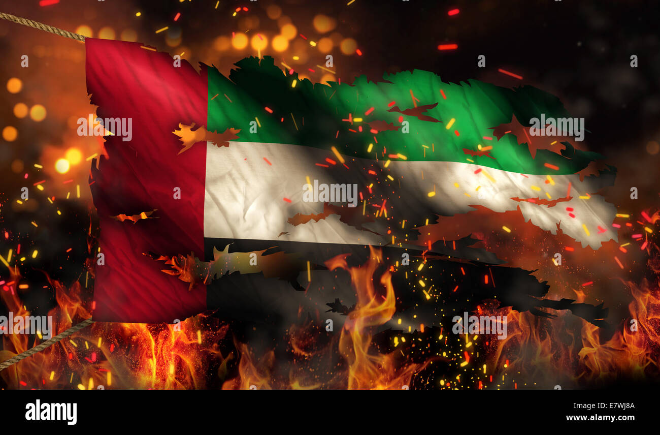 Vereinigte Arabische Emirate, brennende Feuer Flagge Krieg Konflikt ... Vereinigte Arabische Emirate, brennende Feuer Flagge Krieg Konflikt ...