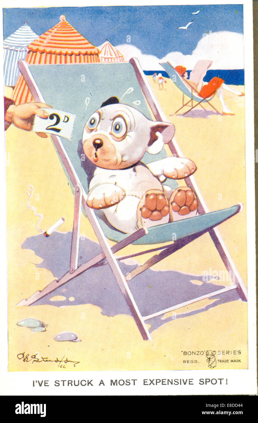 Comic am Meer Postkarte von Bonzo Hund, die ein Liegestuhl Ticket am ...