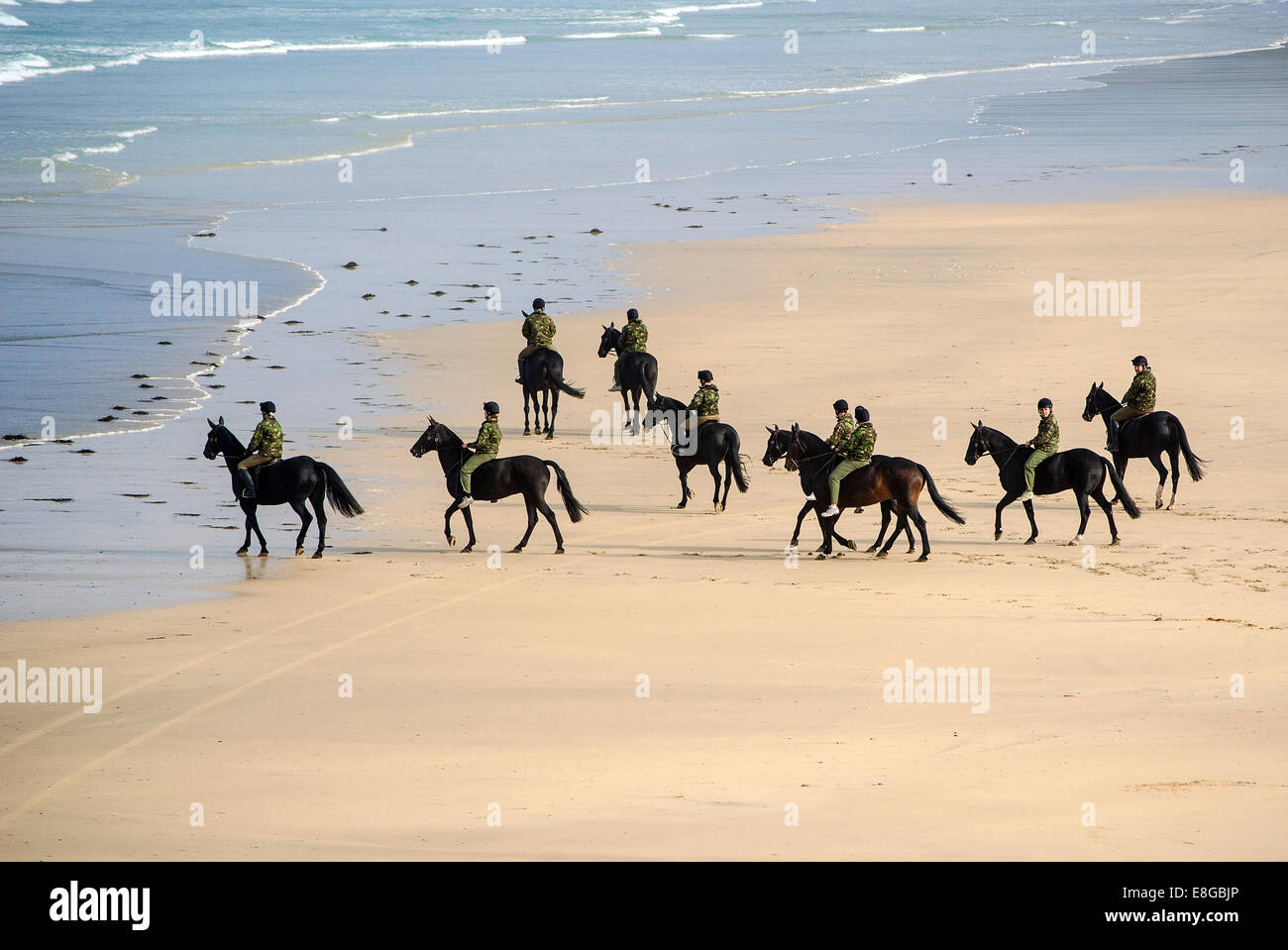 Die Royal Horse Guards und Pferde am Strand von Hayle in Cornwall ...