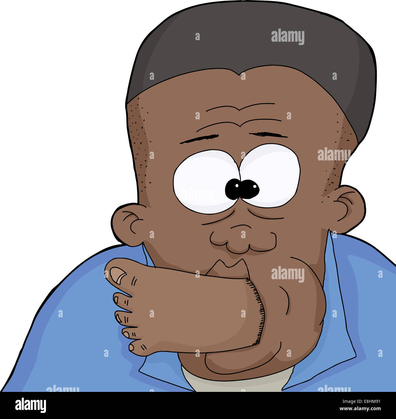 Isolierte Cartoon von Cross-Eyed Mann mit Fuß im Mund Stockfotografie ...