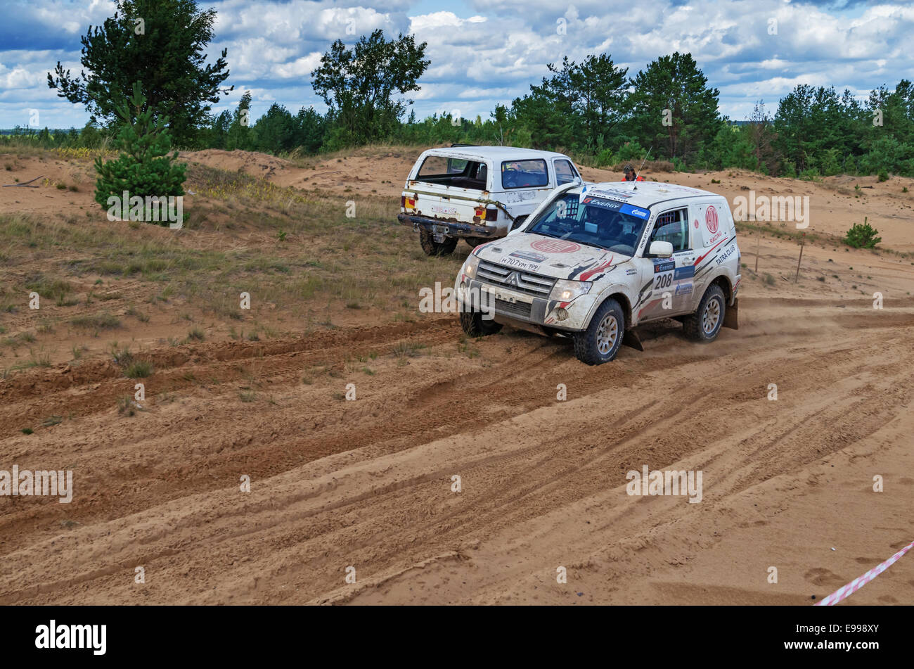 Rennen auf einer Rallye-Raid auf sandigen Dünen. Racing Car, Nr. 208 ...