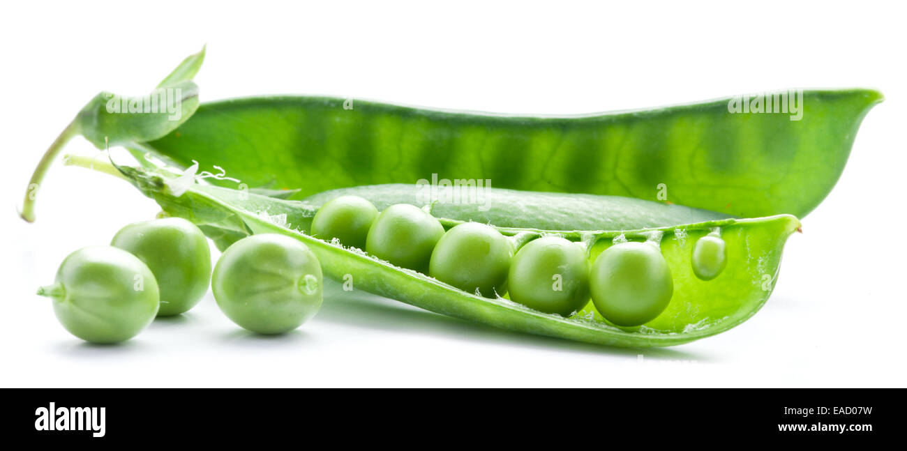 Frische Erbsen sind innerhalb einer Hülse isoliert auf weißem ...