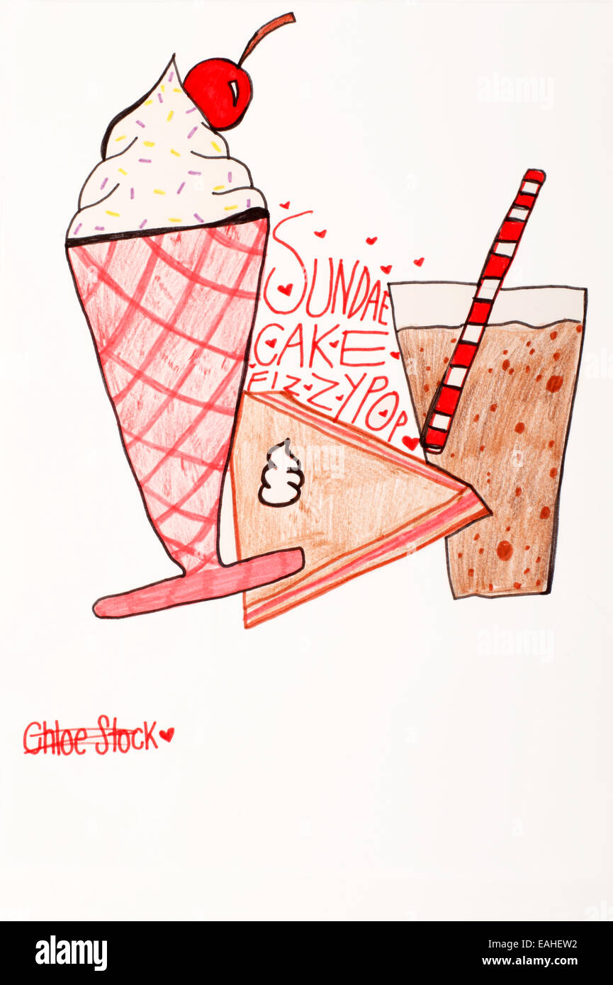 Abbildung einer Kirsch Eisbecher Kuchen und fizzy Pop Cartoon ...