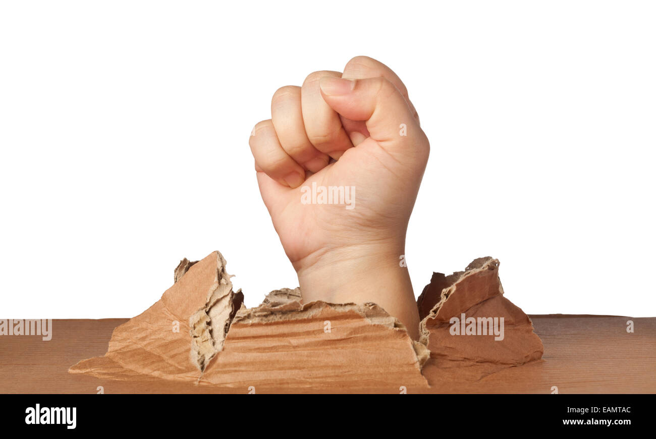 Hand aus einem Loch eine Faust-Pumpe Anzeichen Stockfotografie - Alamy