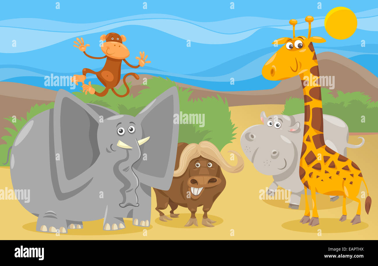 Cartoon-Illustration der Szene mit Wild African Safari Tiere Zeichen ...
