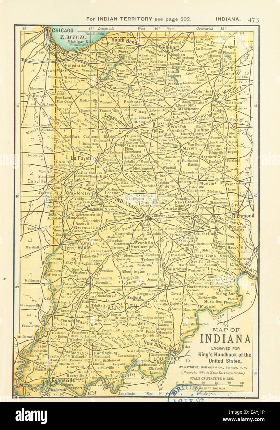 Eine Karte aus dem Jahr 1891 mit dem Titel Map of Indiana, die die ...