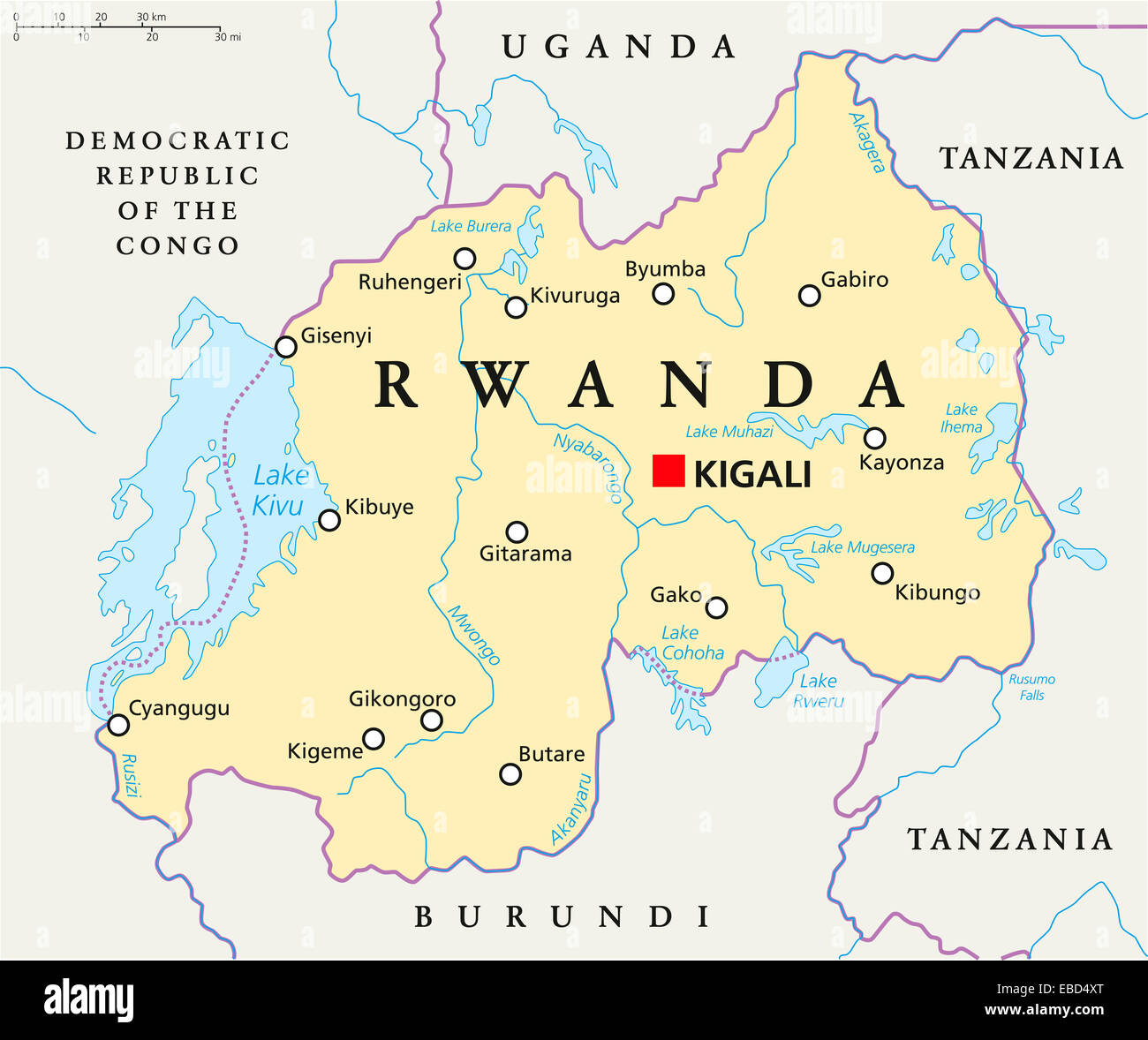 Ruanda politische Karte mit Hauptstadt Kigali, Landesgrenzen, wichtige ...