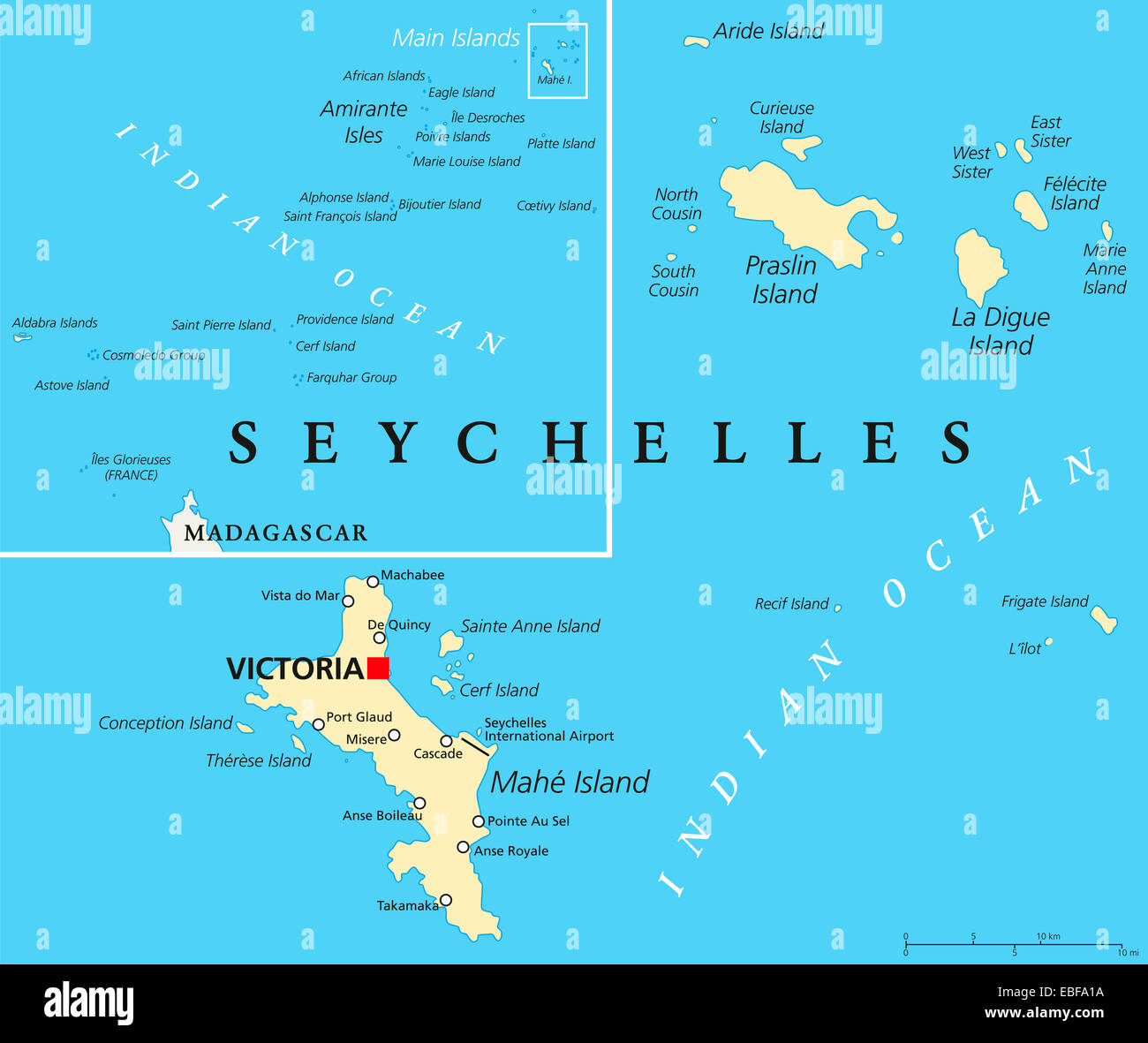 Seychellen politische Karte mit Hauptstadt Victoria, wichtige Städte ...