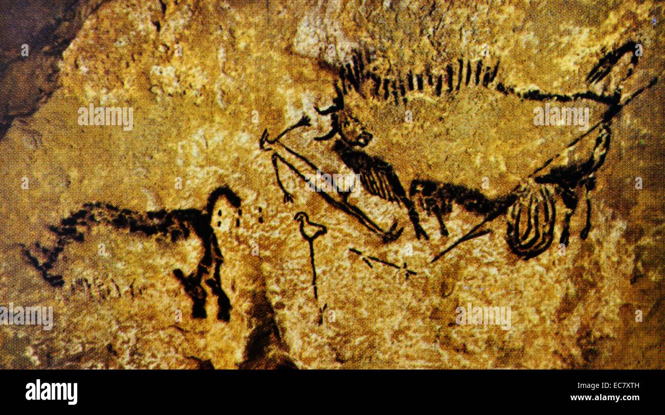 Detail einer Höhlenmalereien in Lascaux, Frankreich. Verwundeter Bison ...