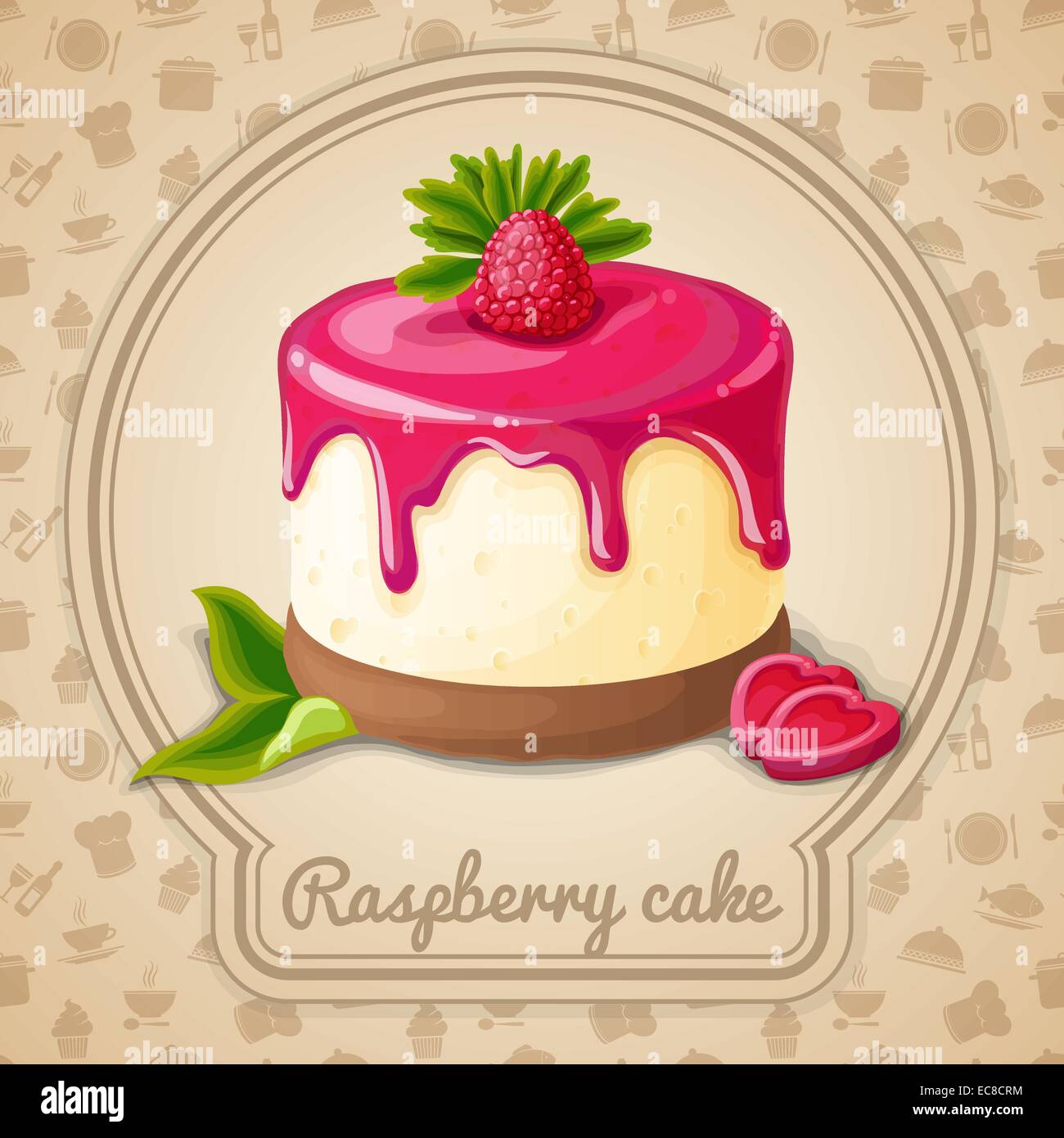 Himbeer-Kuchen mit Sirup Dessert Emblem in Rahmen und Essen kochen ...