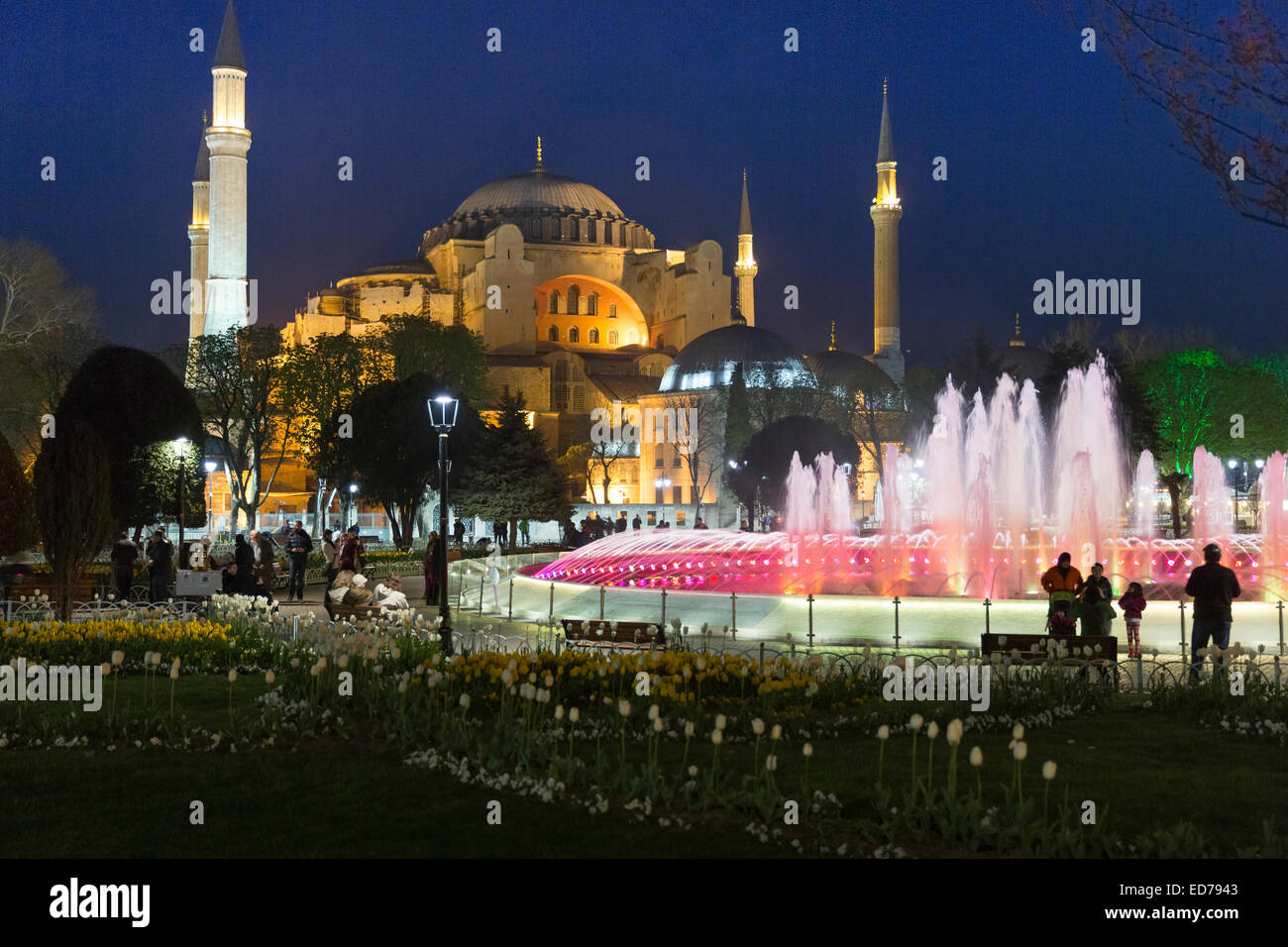Hagia-Sophia-Moschee-Museum und Atmeydani Hippodrom Brunnen beleuchtet ...