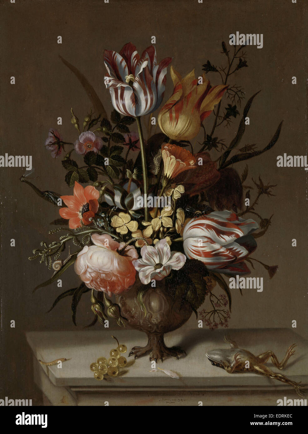 Stillleben mit einer Vase mit Blumen und ein toter Frosch, Jacob Marrel ...
