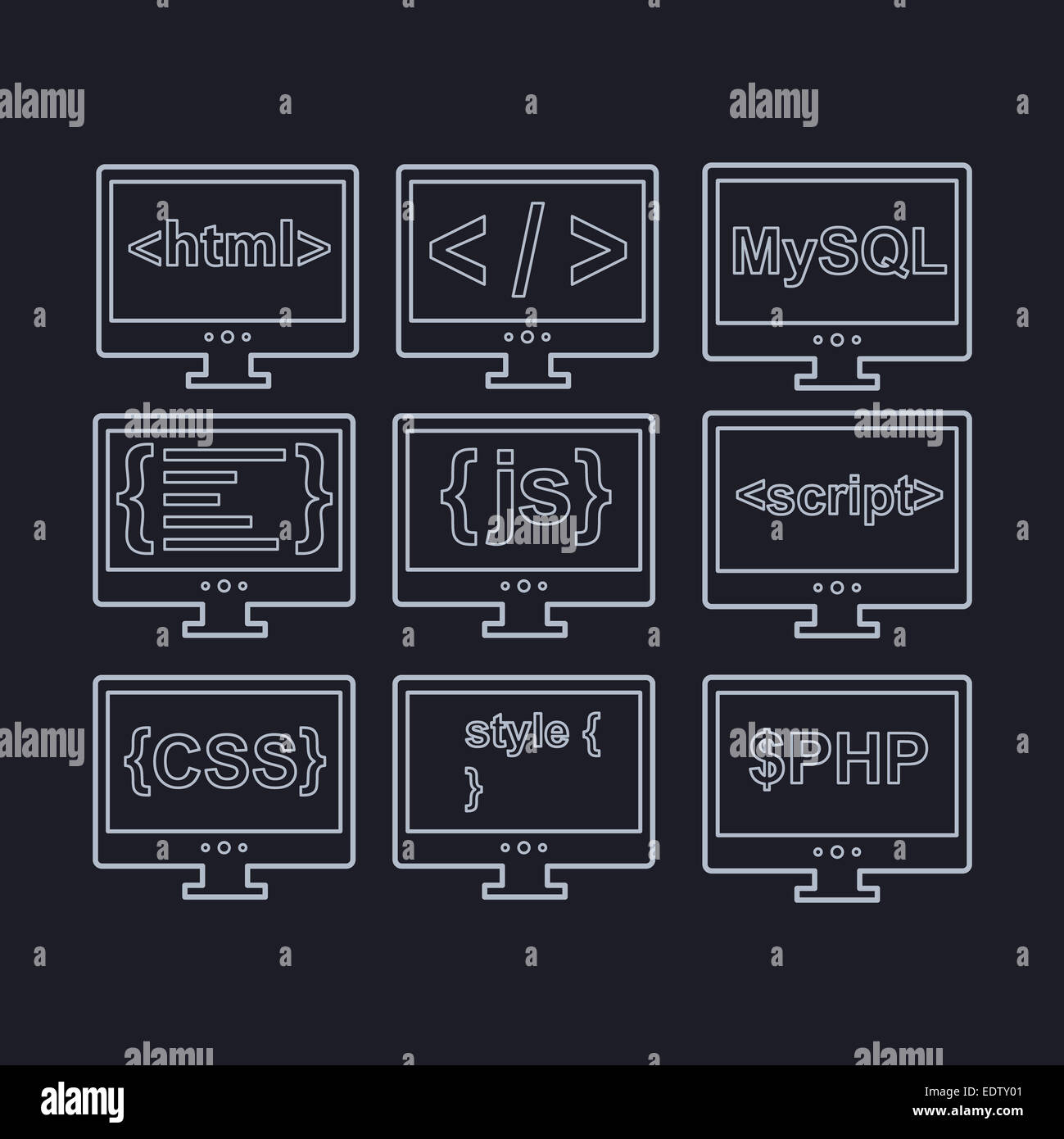 Vektor Sammlung Von Web Entwicklung Icons Html Css Tag Mysql Kurven Php Script Stil